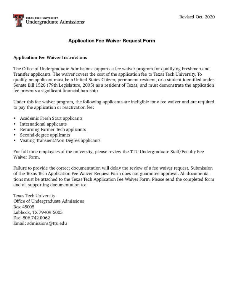 Texas Tech Application Fee Waiver Request Form - Blank Fillable ...
