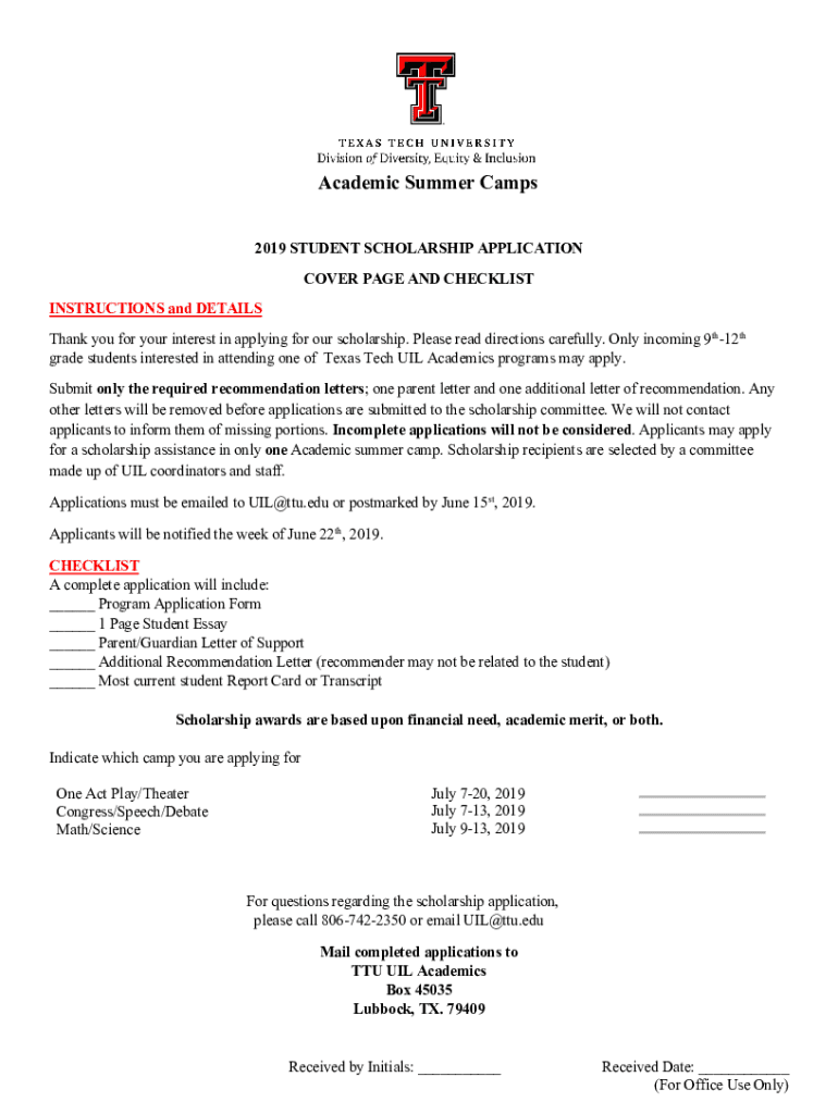 Fillable Online 2019 Summer Camp Scholarship Application Form Updated