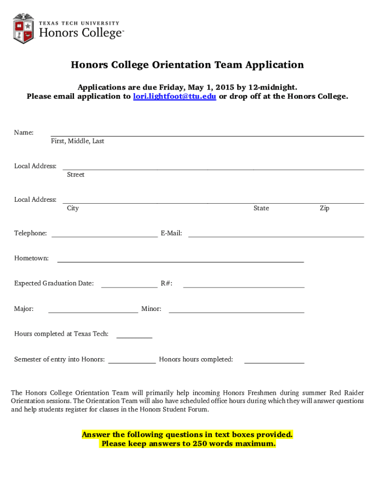 Fillable Online Honors College Orientation Team Application Fax Email Print - pdfFiller