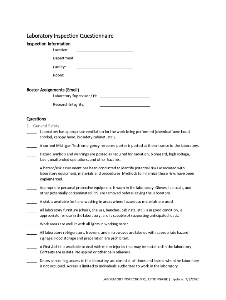 Fillable Online Laboratory Inspection Questionnaire - Michigan ...
