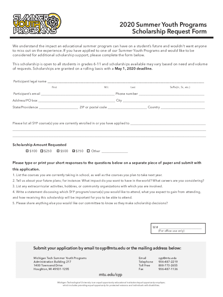 Fillable Online 2020 Summer Youth Programs Scholarship Request Form Fax ...