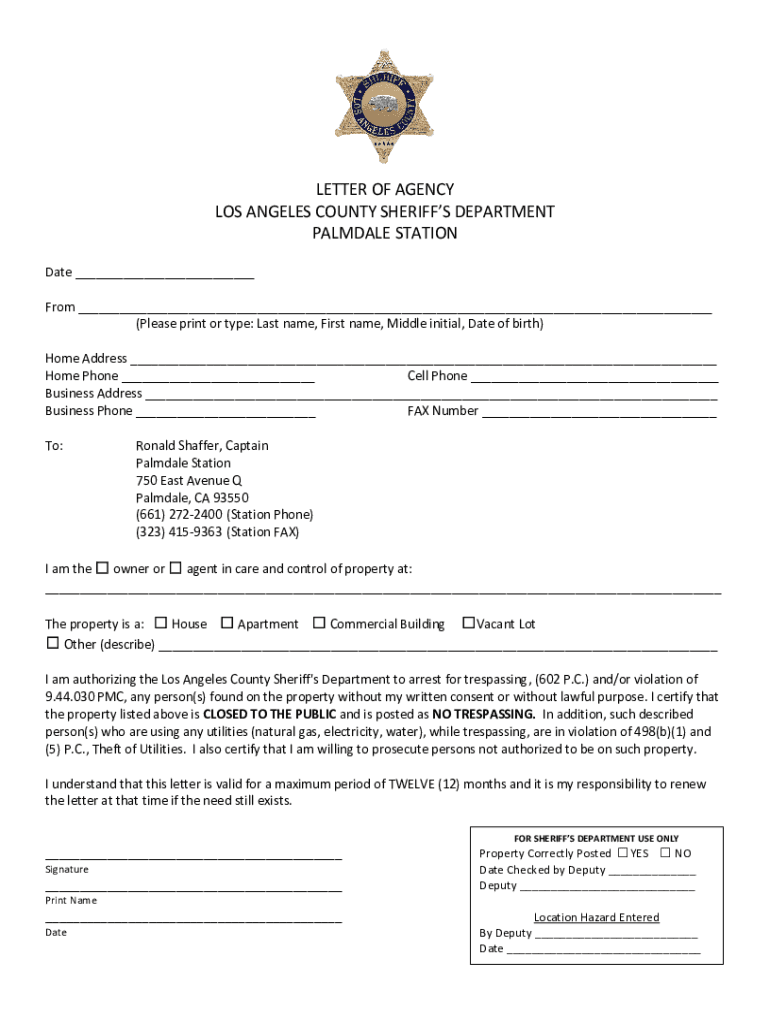 Fillable Online LETTER OF AGENCY LOS ANGELES COUNTY SHERIFFS DEPARTMENT ...