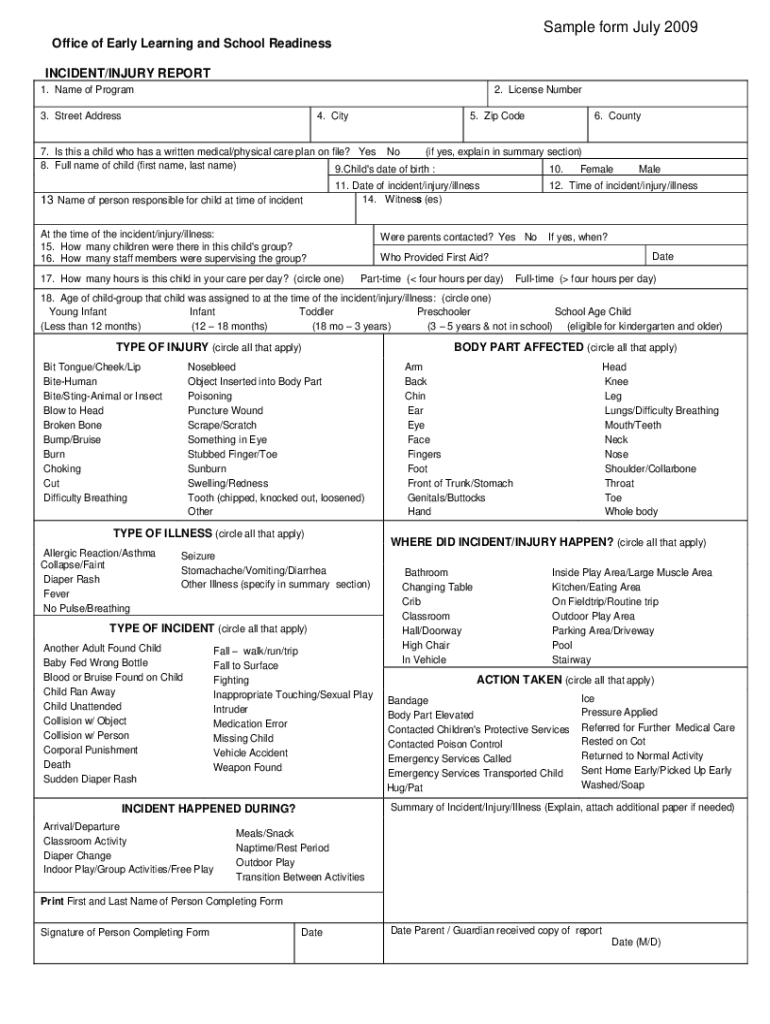 Fillable Online Sample form July 2009 Office of Early Learning and ...