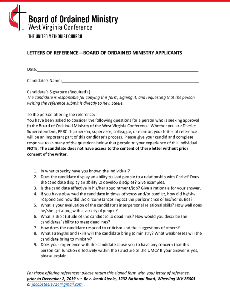 Fillable Online LETTERS OF REFERENCE BOARD OF ORDAINED MINISTRY APPLICANTS Fax Email Print ...