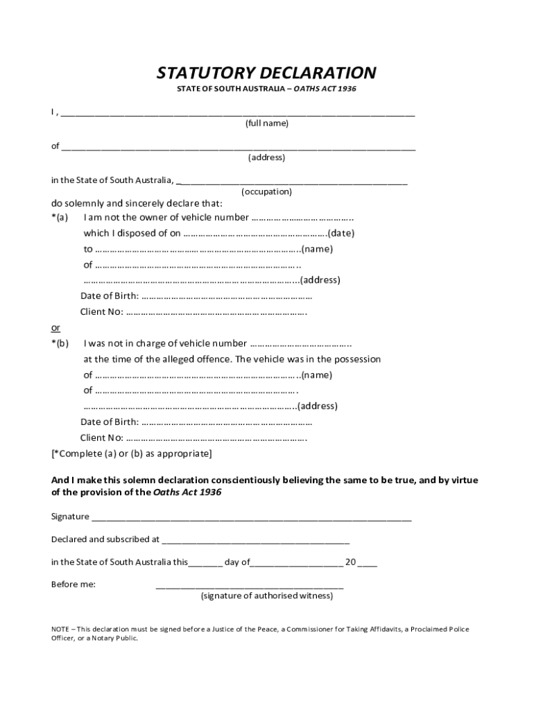 Fillable Online flinders edu STATUTORY DECLARATION - South Australia ...
