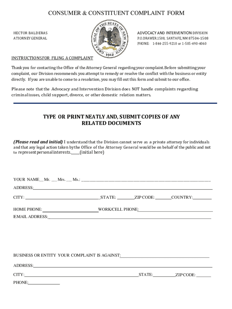 Fillable Online CONSUMER & CONSTITUENT COMPLAINT FORM Fax Email Print ...