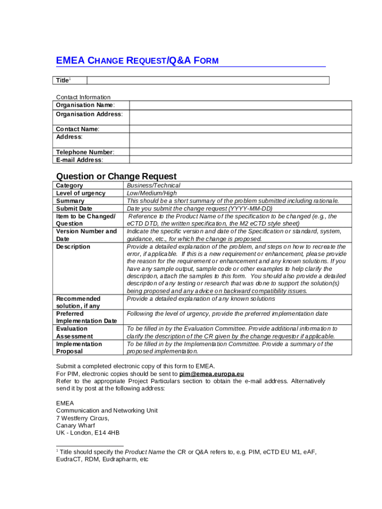 EMEA CHANGE REQUEST/Q&A Doc Template | pdfFiller