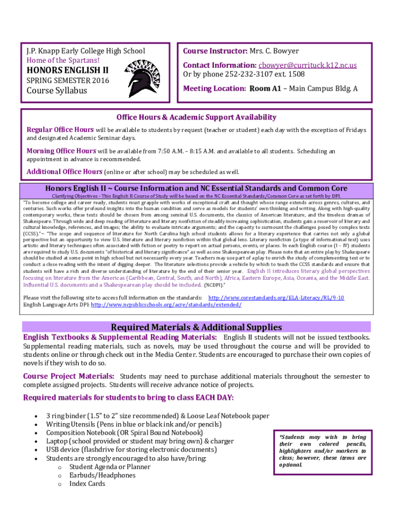 Fillable Online J.P. Knapp Early College High School Course Instructor ...