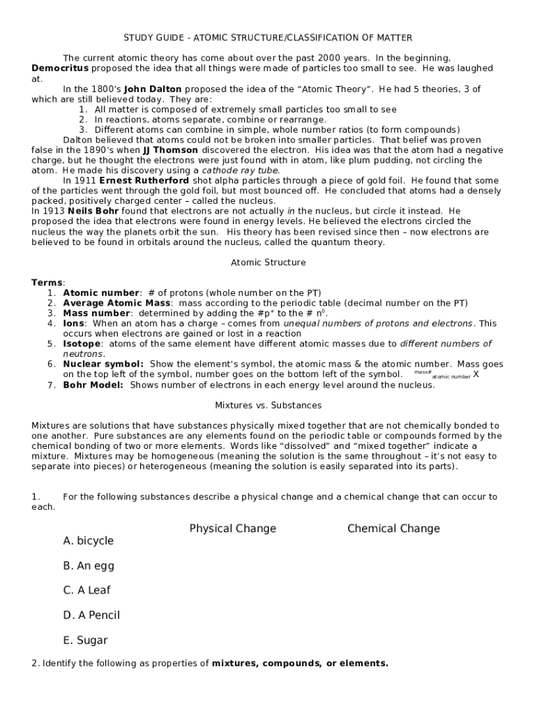 STUDY GUIDE - ATOMIC SRTUCTURE/CLASSIFICATION OF MATTER Doc Template ...