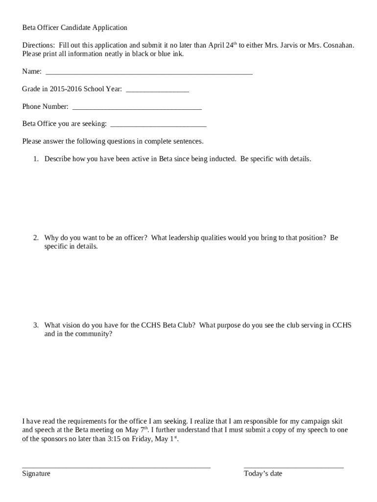 Beta Officer Candidate Application Doc Template | pdfFiller