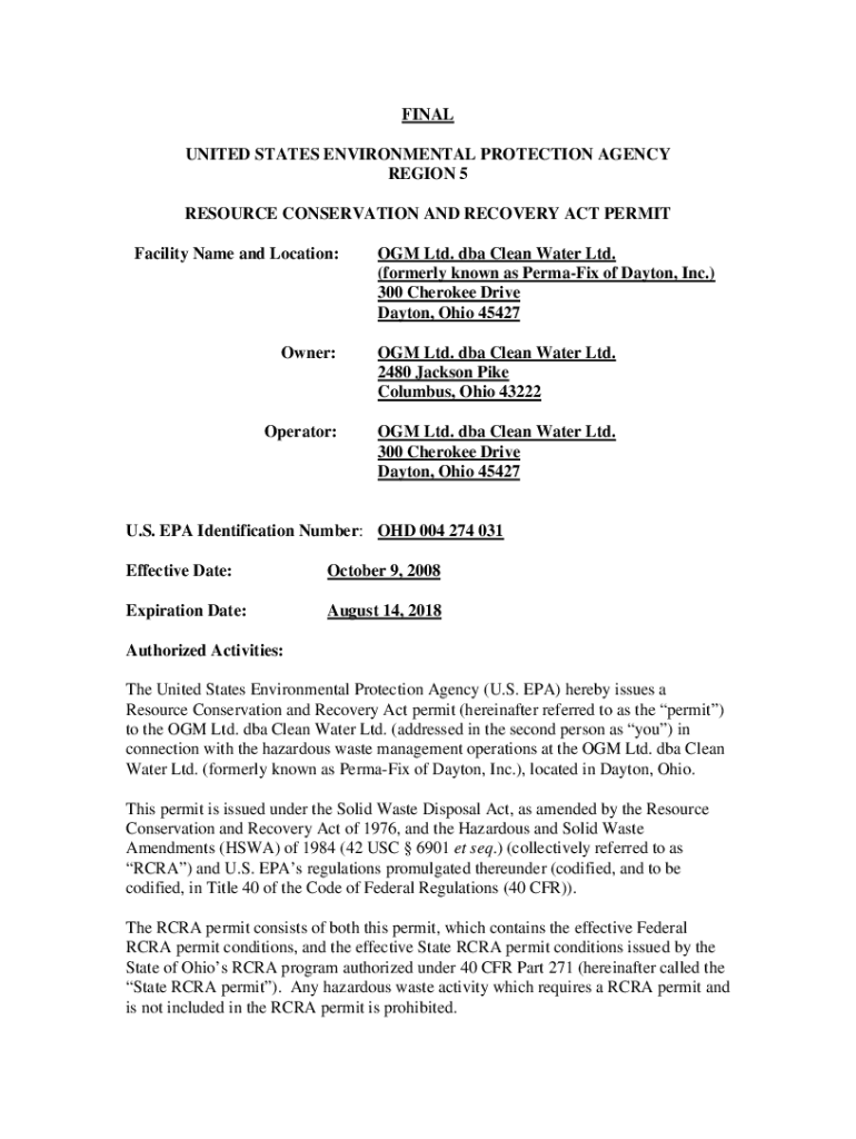 Fillable Online OGM Ltd. doing business as Clean Water Ltd., Final RCRA ...
