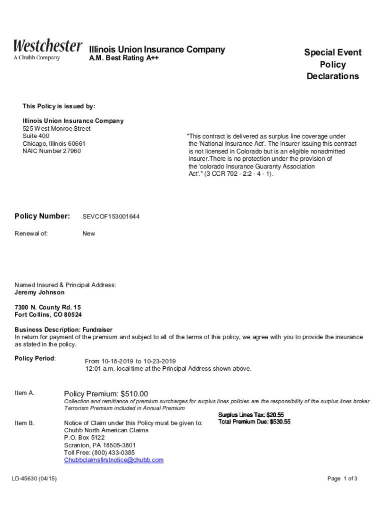 Fillable Online POLICY CL1939653 INSURED ADDRESS COVER SHEET - Larimer Fax Email Print - pdfFiller