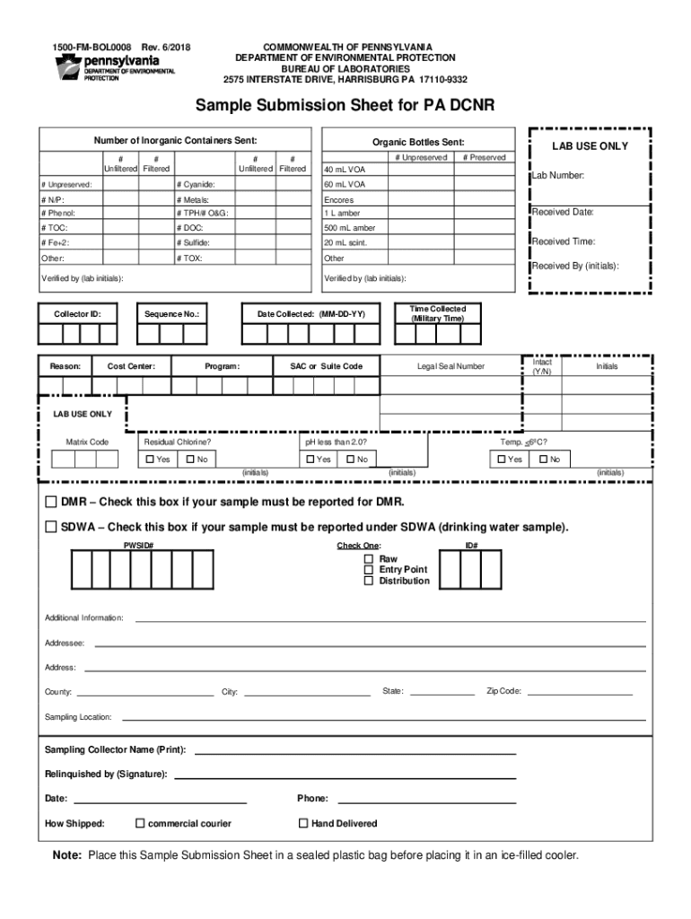 Fillable Online Sample Submission Sheet for PA DCNR - DEP Greenport Fax ...