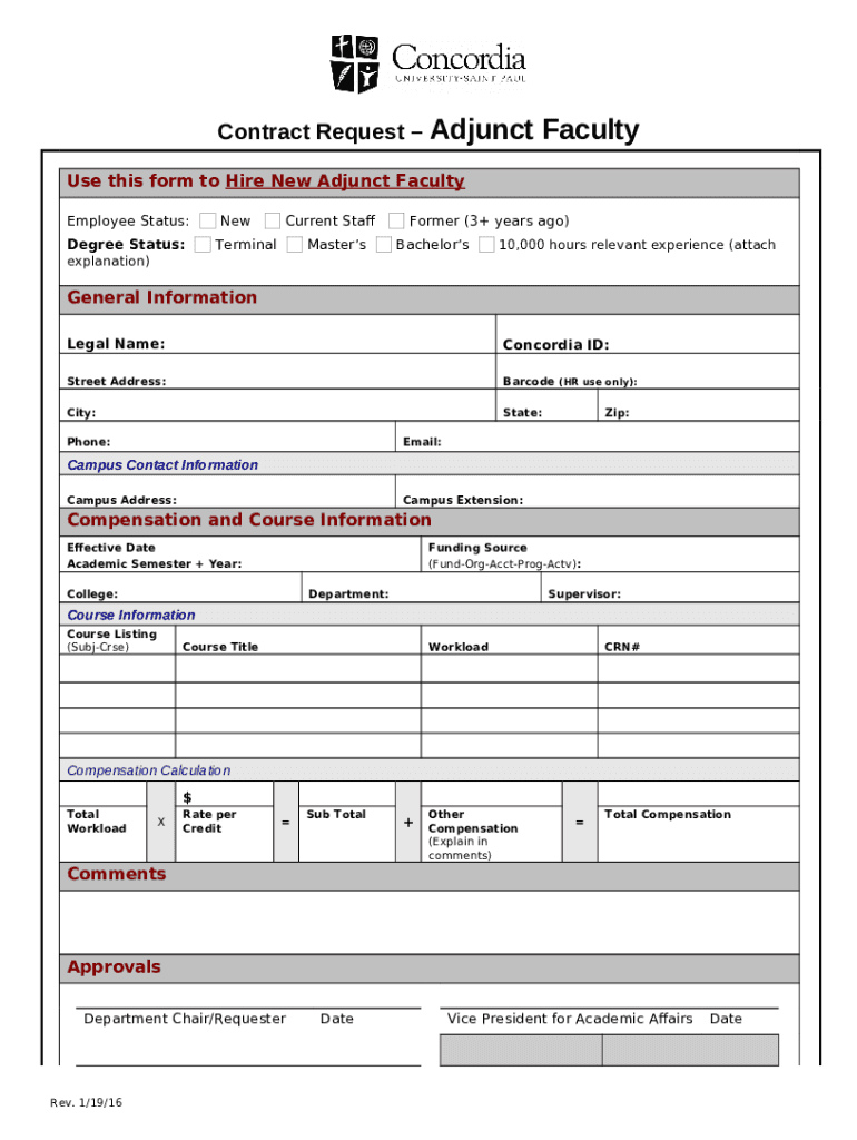 Request to Initiate Contract for Adjunct Faculty. Contract Request - concordia csp Doc Template ...