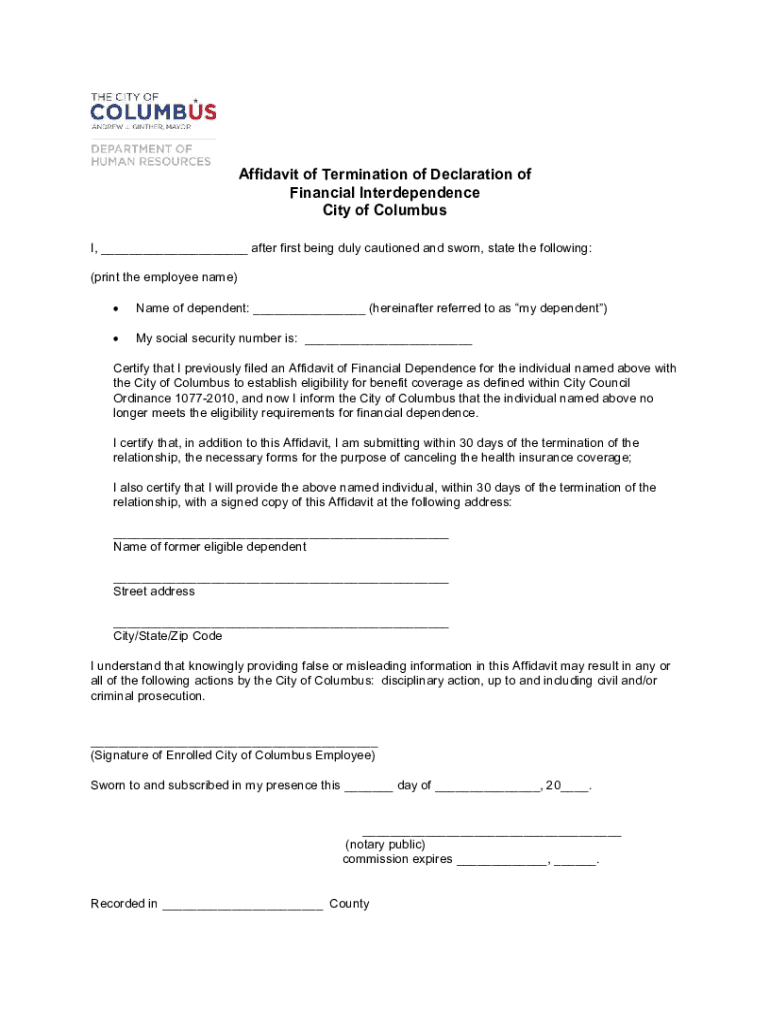 Fillable Online Affidavit of Termination of Declaration of Financial ...
