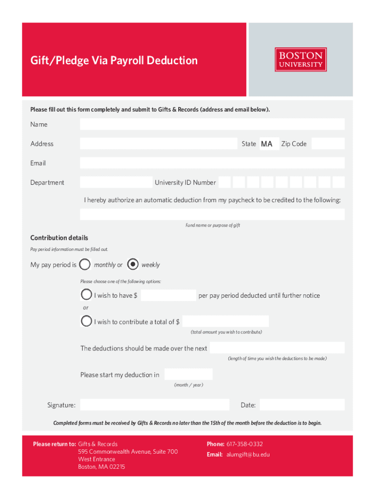Fillable Online Gift/Pledge Via Payroll Deduction - Boston University ...