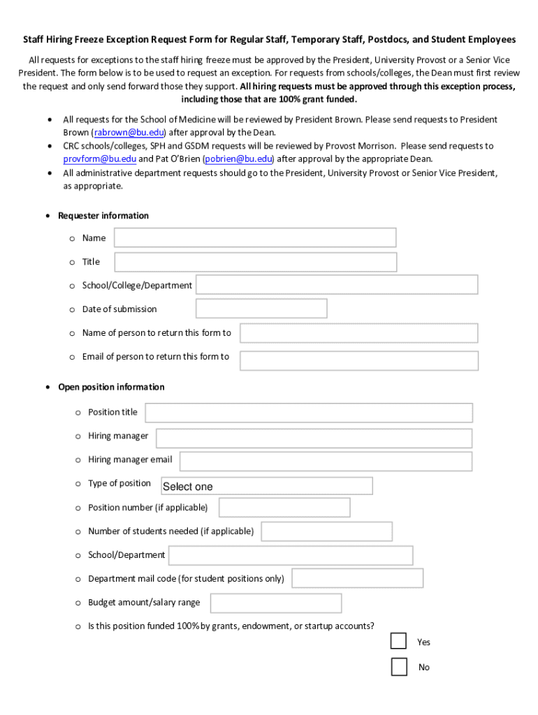 Fillable Online Staff Hiring Freeze Exception Request Form for Regular ...