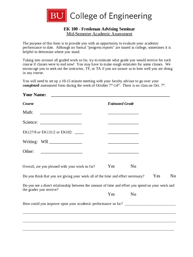 Mid-Semester Assessment Doc Template | pdfFiller