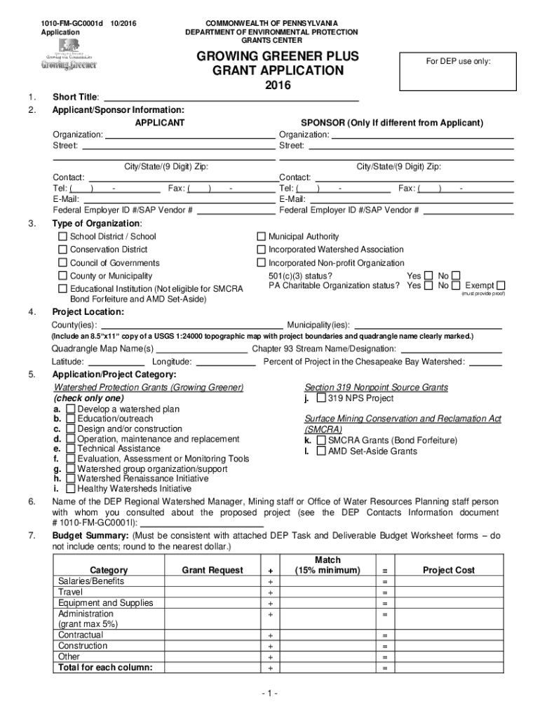Fillable Online growing greener plus grant application - DEP GreenPort ...