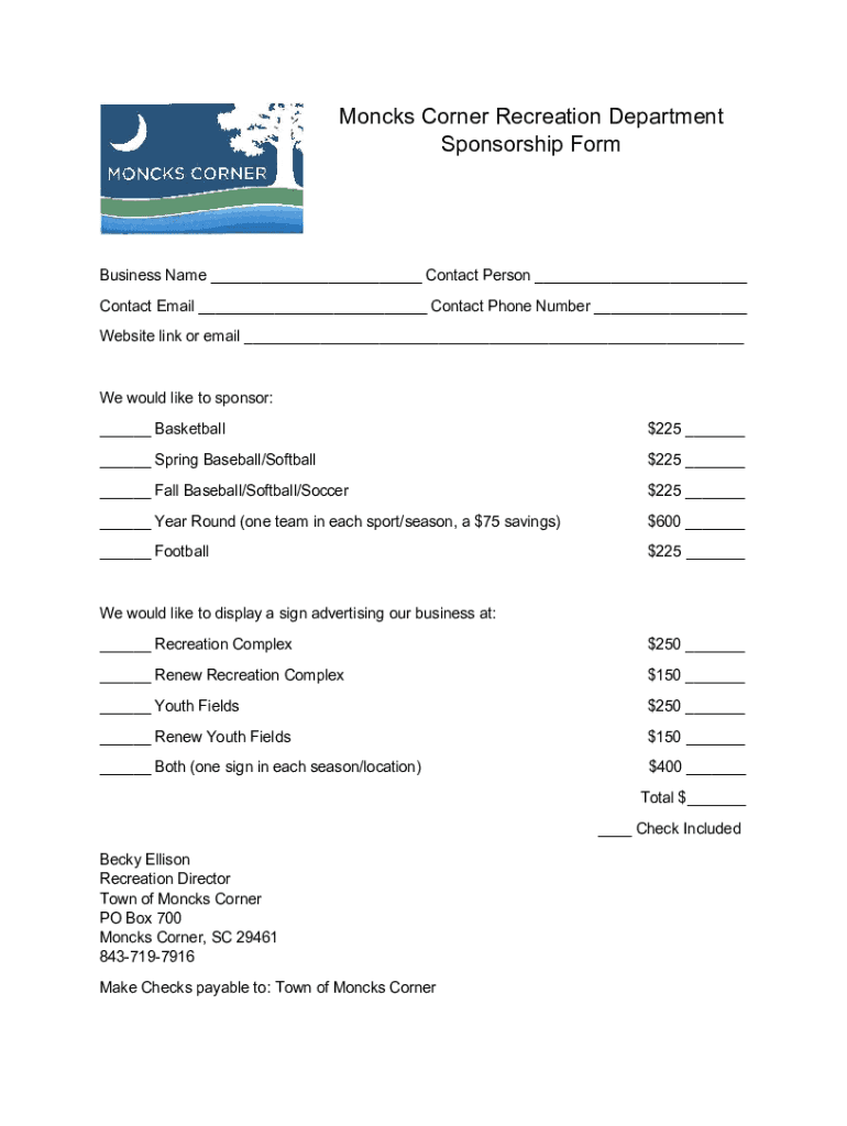 Fillable Online Moncks Corner Recreation Department Sponsorship Form ...