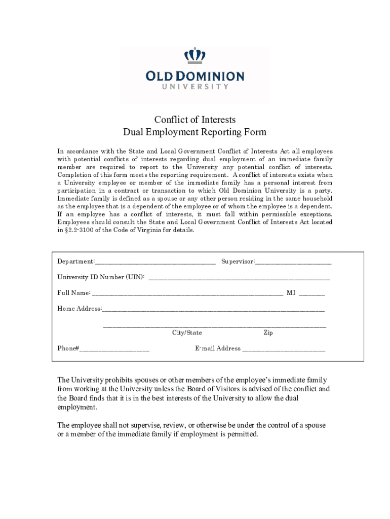 Fillable Online Conflict of Interests Dual Employment Reporting Form ...