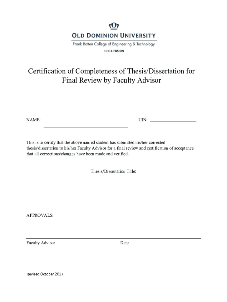 Fillable Online Fillable Certification of Completeness of Thesis Form ... Fax Email Print ...
