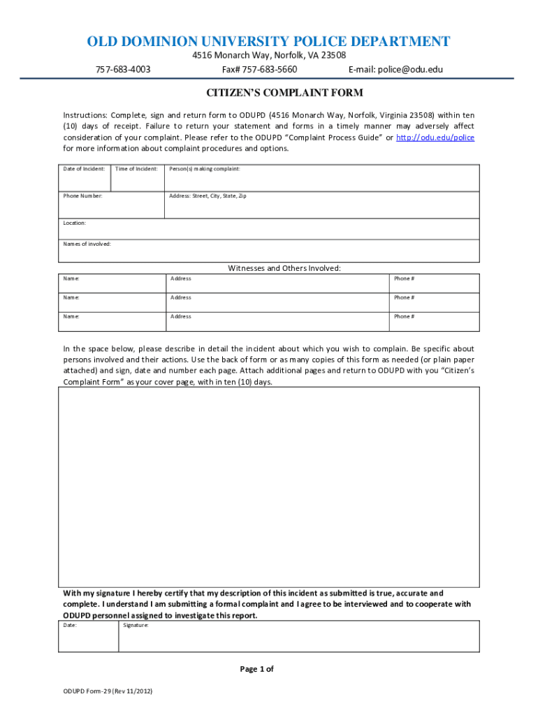 Fillable Online Citizen's Complaint Form. Citizen's Complaint Form Fax ...