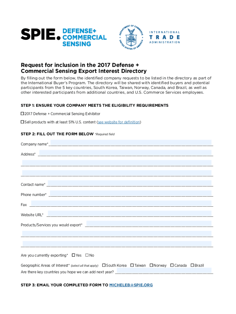 Fillable Online Request for inclusion in the 2017 Defense + ... - SPIE ...