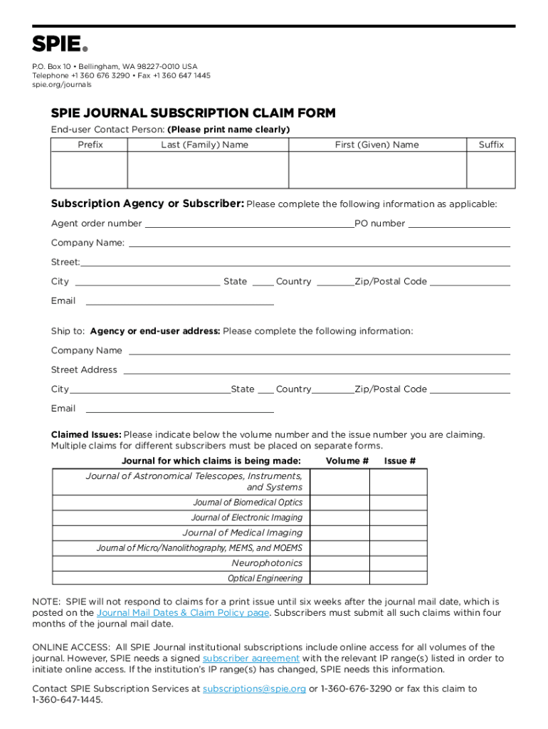 Fillable Online SPIE JOURNAL SUBSCRIPTION CLAIM FORM Fax Email Print ...