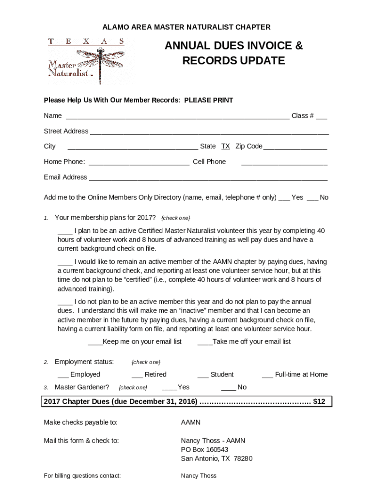 annual dues invoice & records update - Texas Master Naturalist Doc Template | pdfFiller