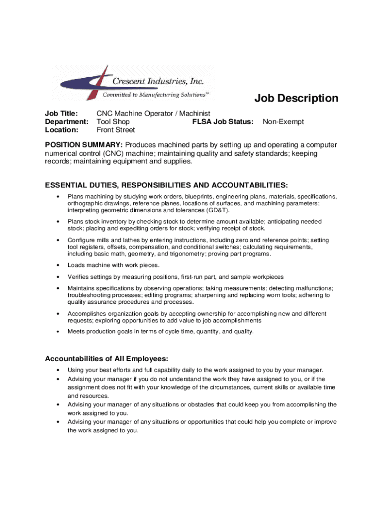 Fillable Online Job Description - CNC Operator Machinist - Template.net ...