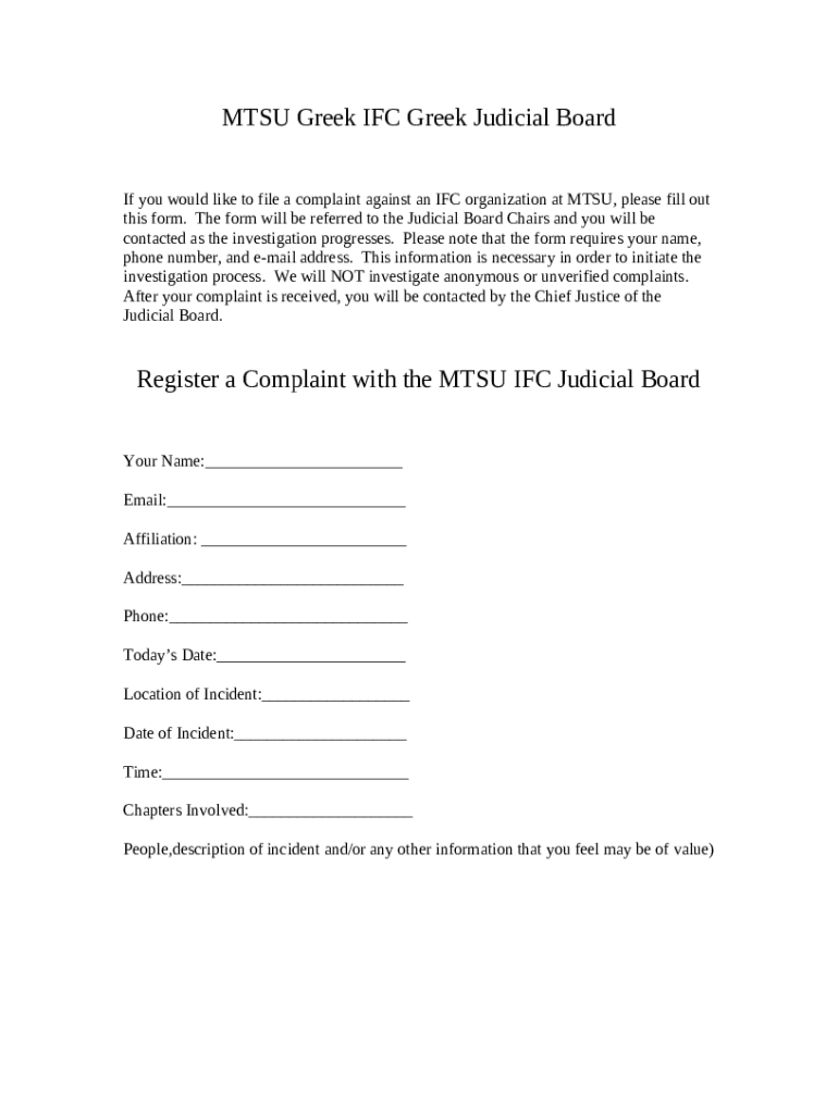 MTSU Greek IFC Greek Judicial Board Doc Template | pdfFiller