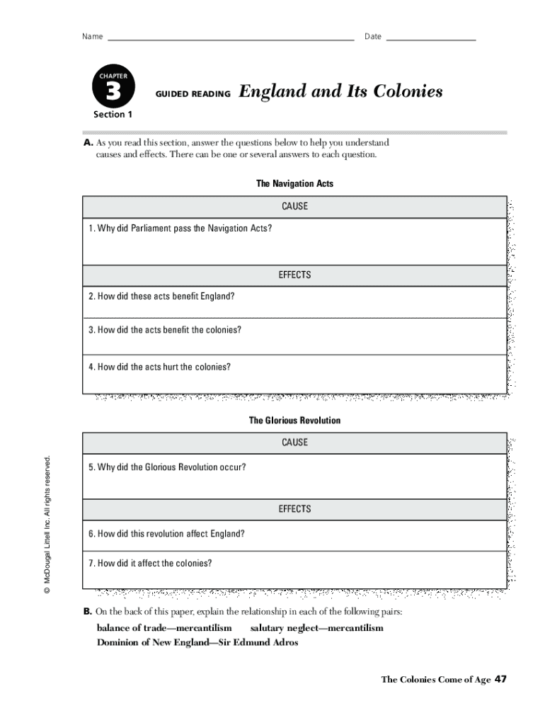 Fillable Online Chapter 3 Guided Reading England And Its Colonies Fax ...