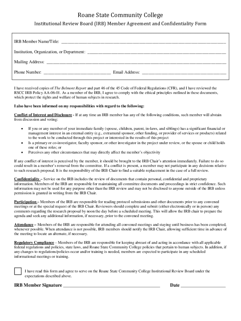 Fillable Online Institutional Review Board (IRB) Member Agreementand ... Fax Email Print - pdfFiller