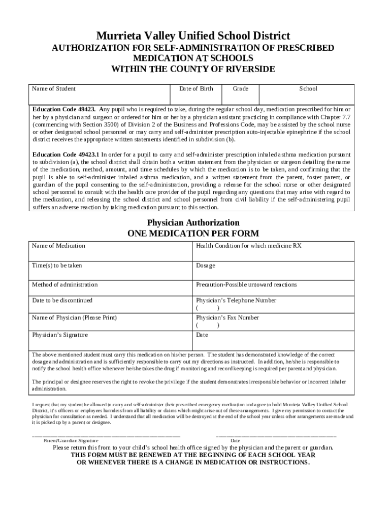 authorization for self-administration of prescribed medication ... Doc ...