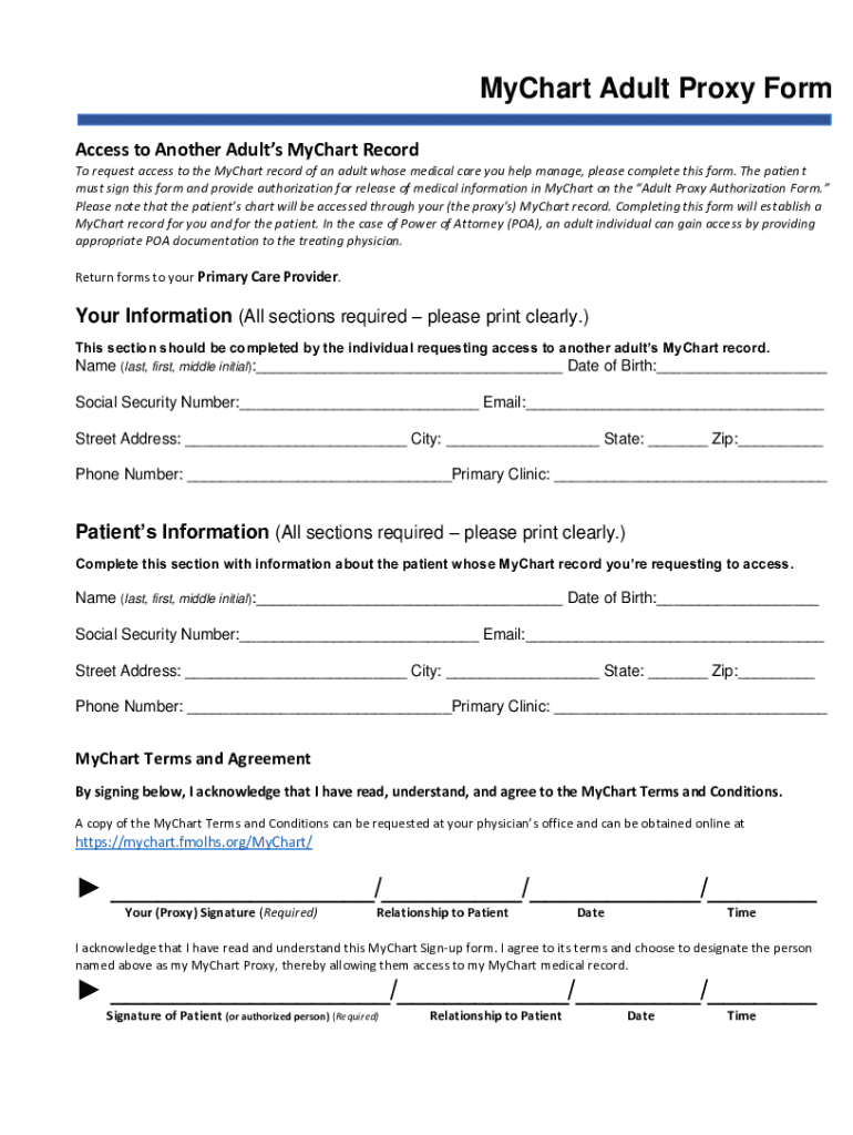 Fillable Online Access Authorization to an Adult MyChart Record (Proxy ...