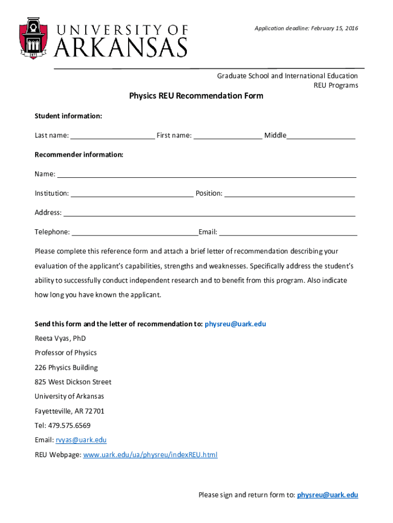 Fillable Online fulbright uark Physics REU Recommendation Form Fax ...