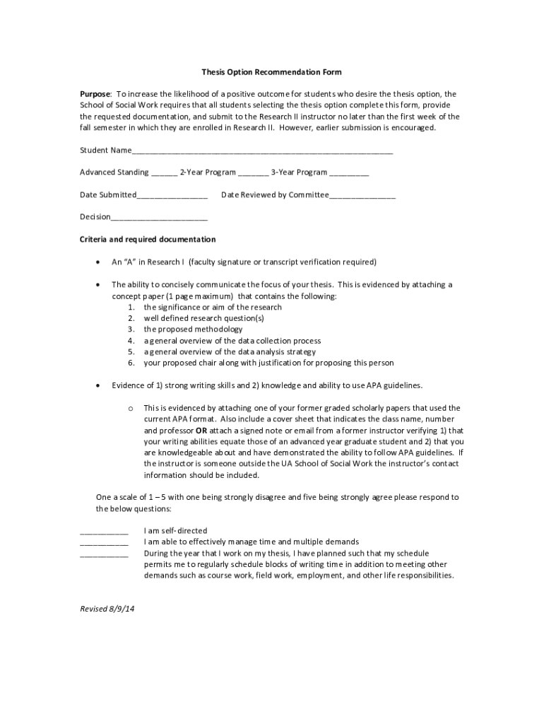 Fillable Online fulbright uark Thesis Option Recommendation Form ...