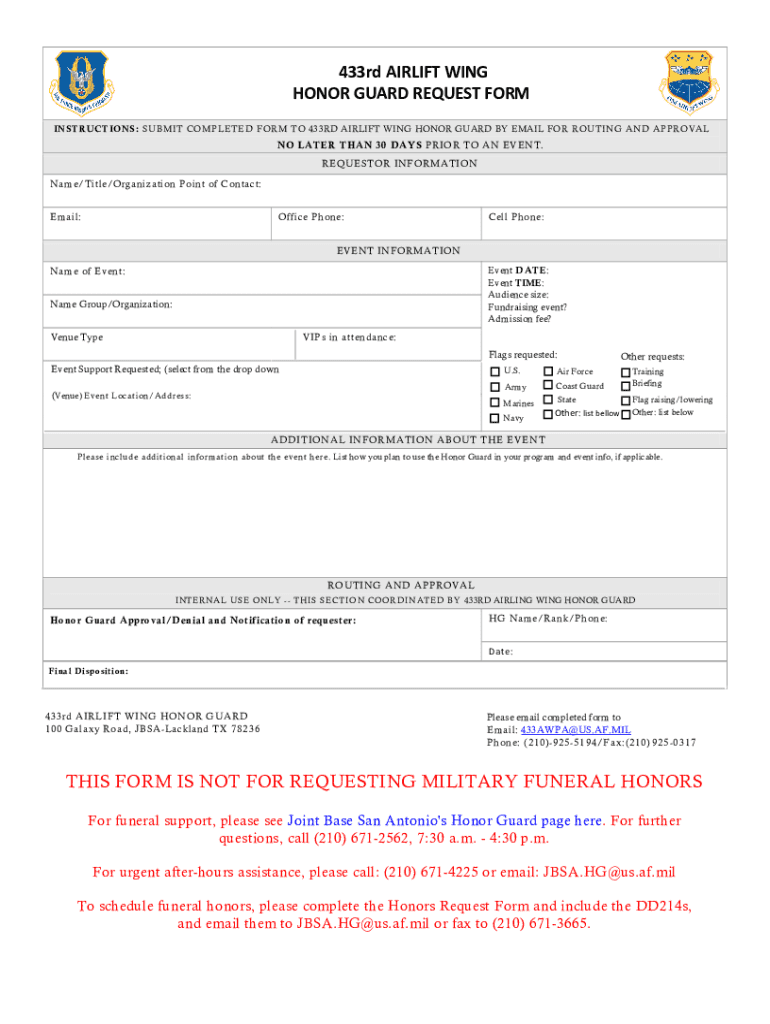Fillable Online 433rd AIRLIFT WING HONOR GUARD REQUEST FORM THIS ...