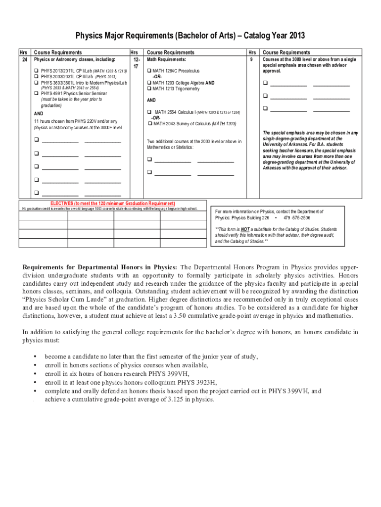 Fillable Online fulbright uark Physics Major Requirements (Bachelor of ...