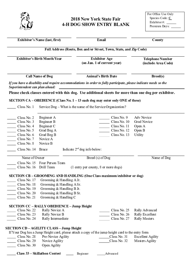 Fillable Online 2018 NYS Fair Dog Show Entry Form Fax Email Print ...