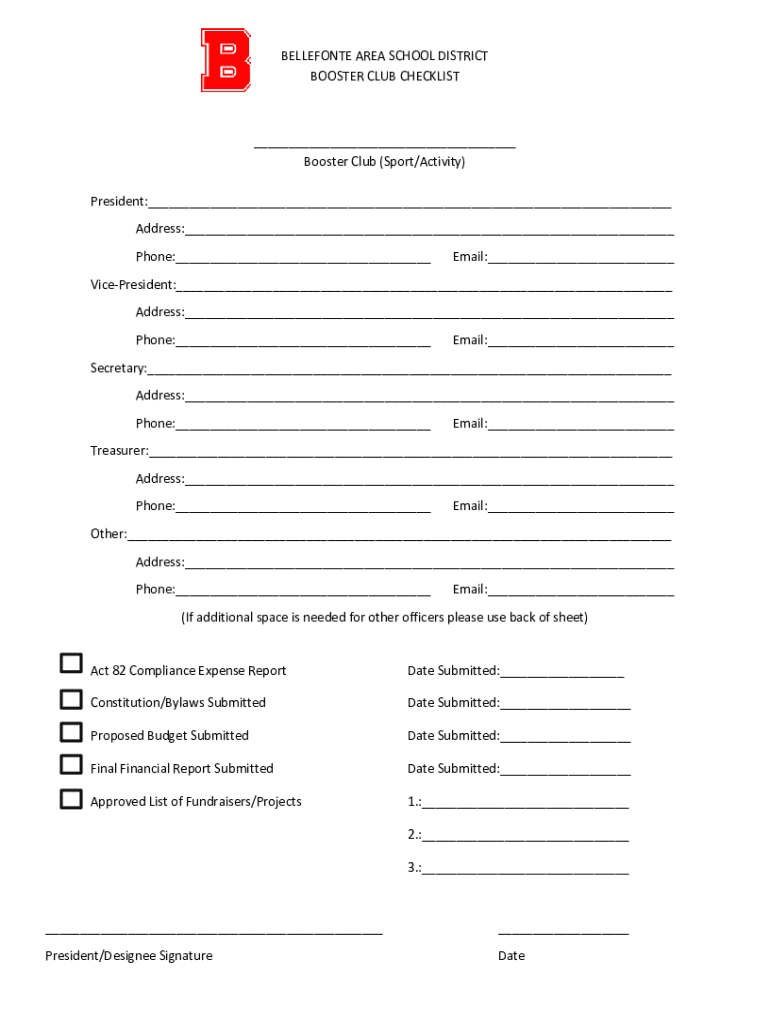 Fillable Online BELLEFONTE AREA SCHOOL DISTRICT BOOSTER CLUB CHECKLIST ...