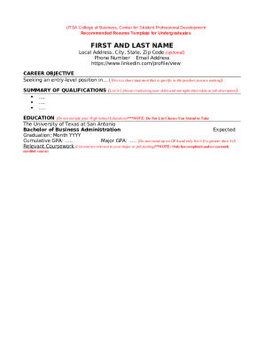 Recommended Resume Template for College of Business ... - business utsa ...