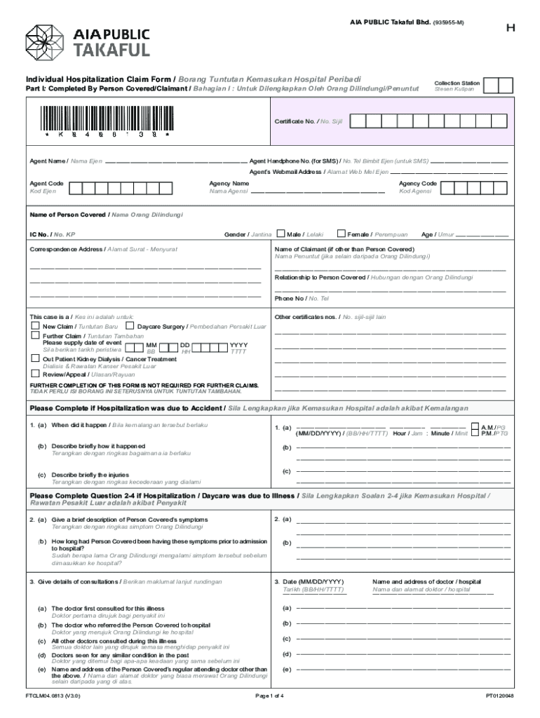 Fillable Online Individual Hospitalization Claim Form Aia Public ...
