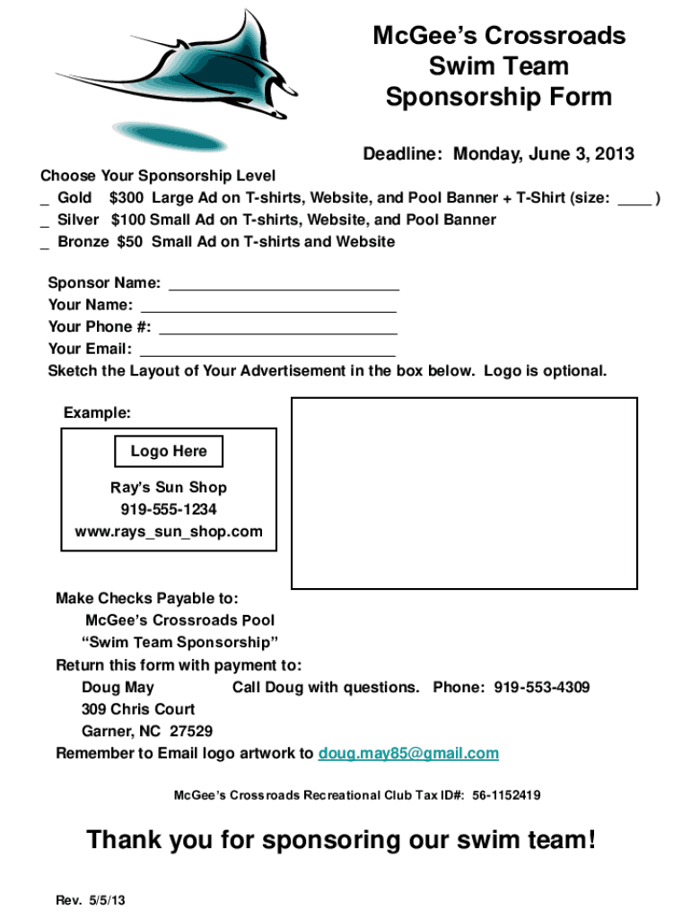 Fillable Online McGee's Crossroads Swim Team Sponsorship Form - AWS Fax ...
