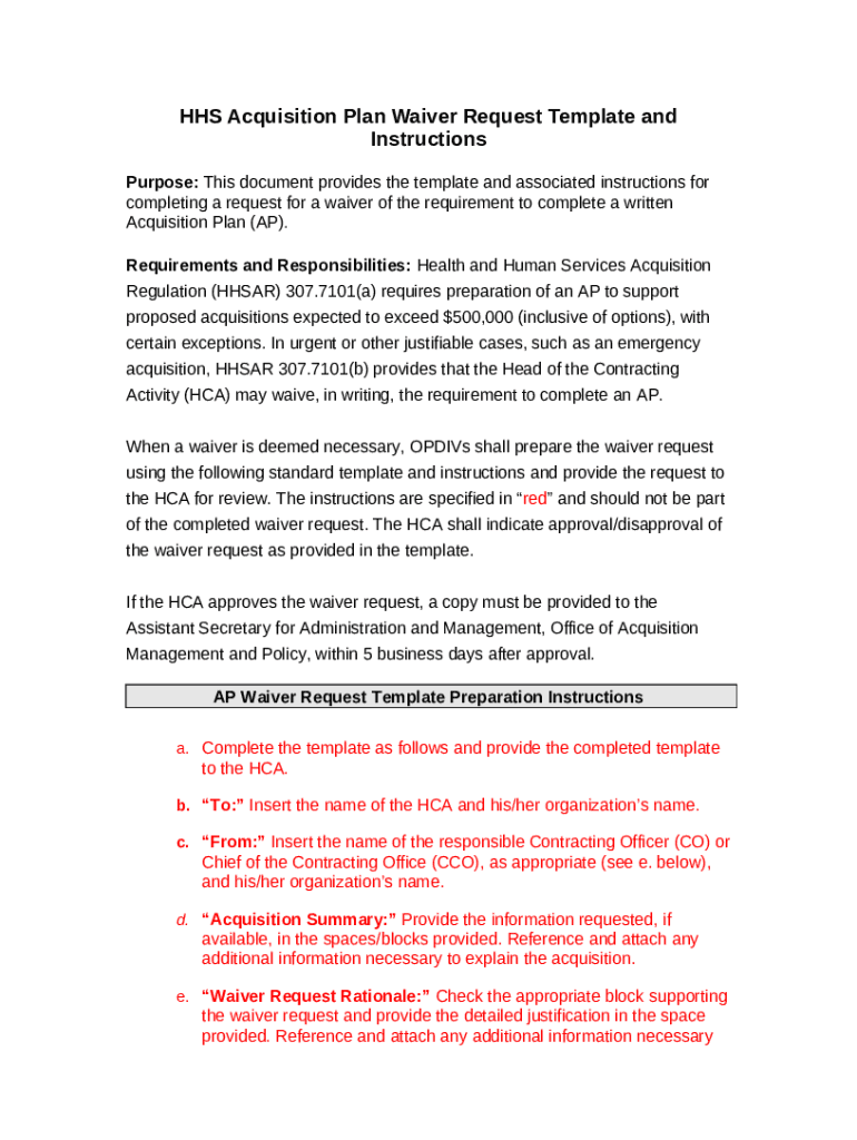 HHS Acquisition Plan Waiver Request Template and Instructions. HHS ...