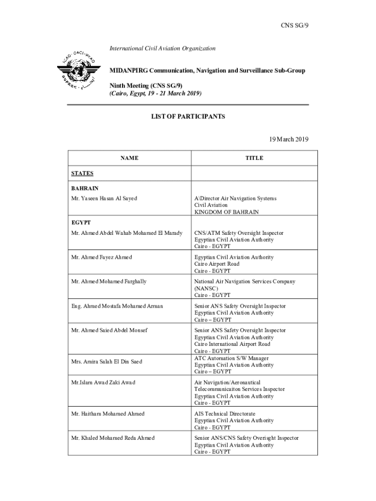 Fillable Online CNS SG/9 International Civil Aviation Organization ... - ICAO Fax Email Print ...