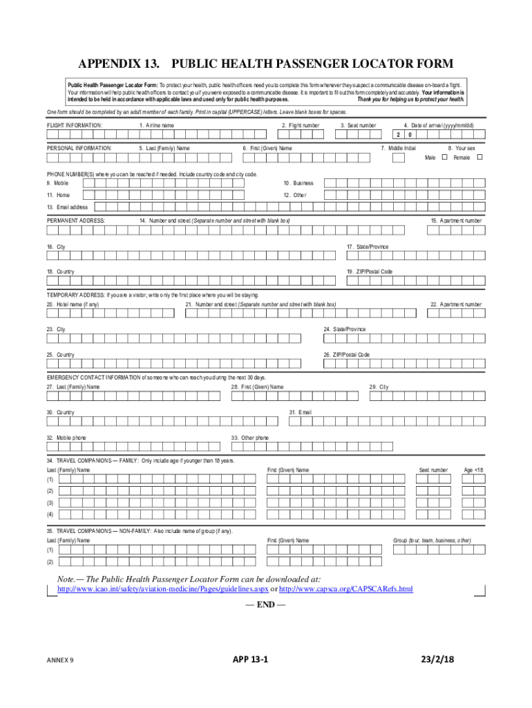Appendix 13 Public Health Passenger Locator Form - Fill Online, Printable, Fillable, Blank ...