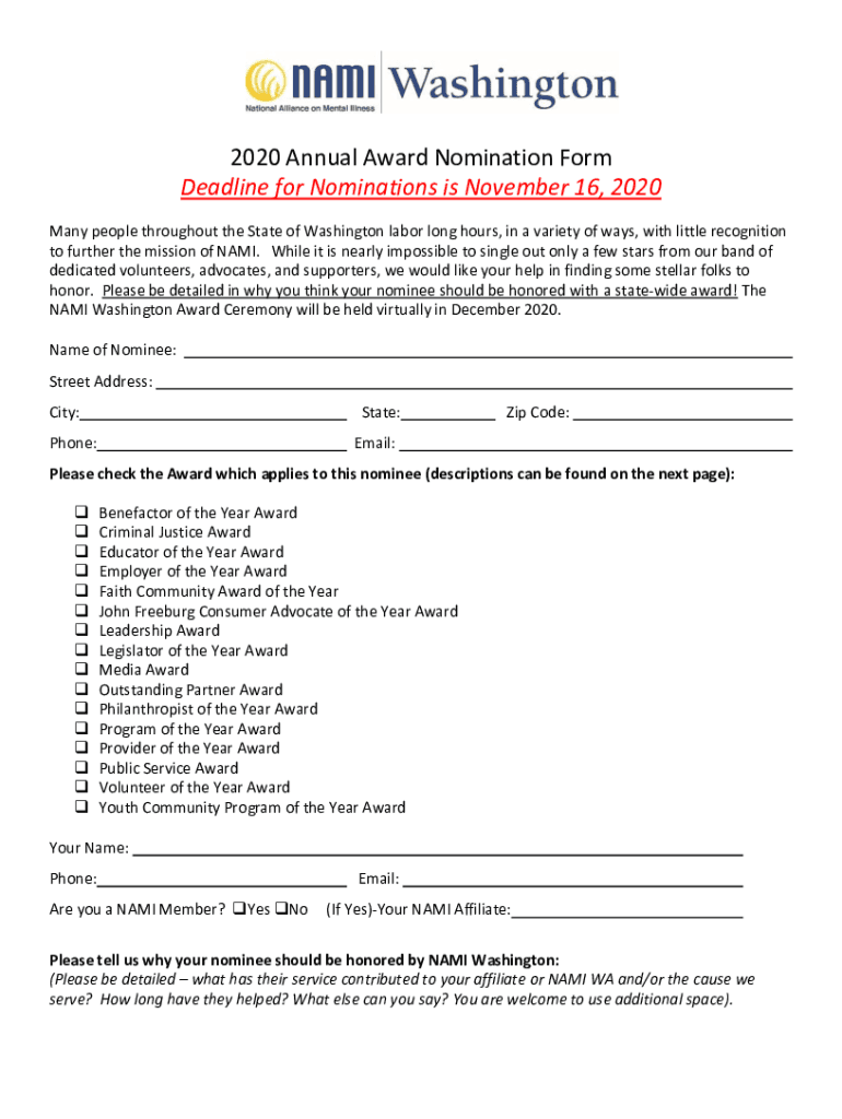 Fillable Online 2020 Annual Award Nomination Form Fax Email Print ...