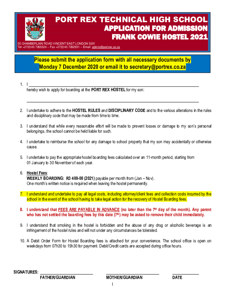 Fillable Online Application FormPort Rex Technical High School East ...